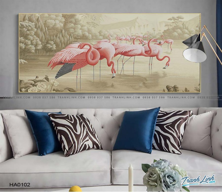 Tranh Canvas Đàn Hồng Hạc Kiếm Ăn - HA0102 - Tranh Linh